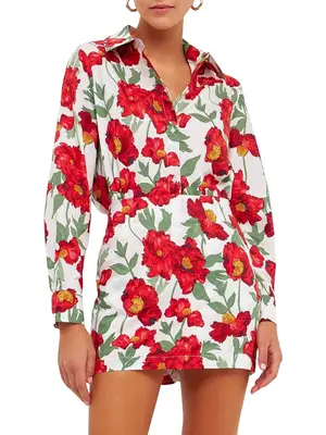Endless Rose Floral Cotton Button-up Shirt - White/ Red