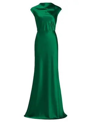 Amsale Satin High Cowlneck A-line Gown - Emerald