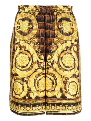 Versace Versace Baroccodile-Print Silk Shorts Brown