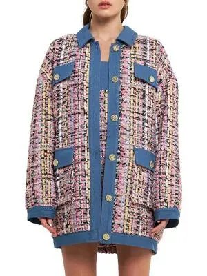 Endless Rose Tweed & Denim Oversize Shacket - Pink Multi