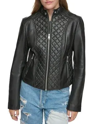 Andrew Marc Quilted Leather Moto Jacket - Black