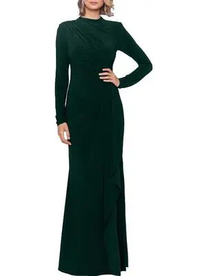 Betsy & Adam Ruffle Long Sleeve Sheath Gown - Forest