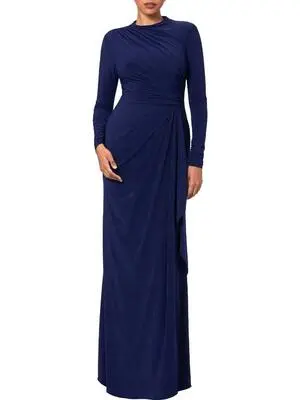 Betsy & Adam Ruffle Long Sleeve Sheath Gown - Navy