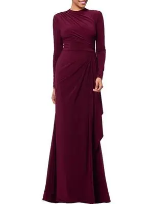 Betsy & Adam Ruffle Long Sleeve Sheath Gown - Wine