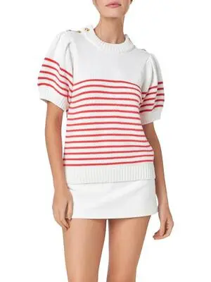 English Factory Stripe Cotton Sweater - Off White/ Red