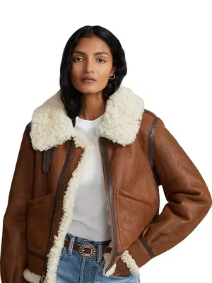 Ralph Lauren Leather-trim Shearling Aviator Jacket - Brown/cream
