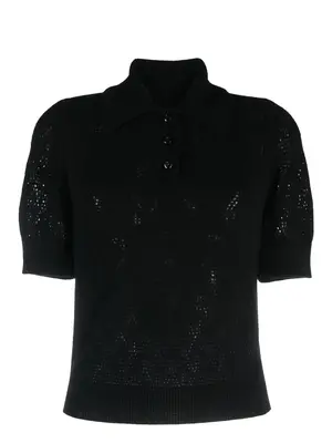 BARRIE Pointelle-knit Cashmere Polo Top - Black