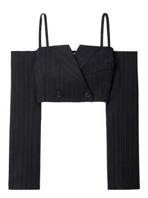 Monse Cropped Cold-shoulder Pinstriped Wool-blend Twill Jacket - Blue