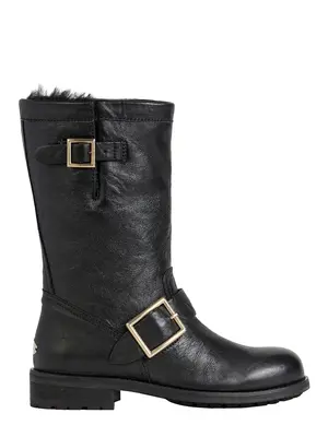 JIMMY CHOO Biker Buckled Textured-leather Boots - Black