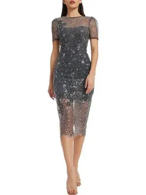 Dress The Population Lia Sequin Illusion Mesh Overlay Midi Cocktail Dress - Steel