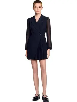 Sandro Tailored Wraparound Dress With Pleated Side - Black