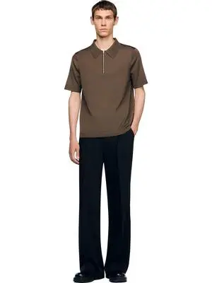 Sandro Knitted Polo Shirt With Zip Collar - Caramel