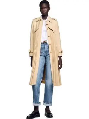 Sandro Pleated Trench Coat With Belt - Beige
