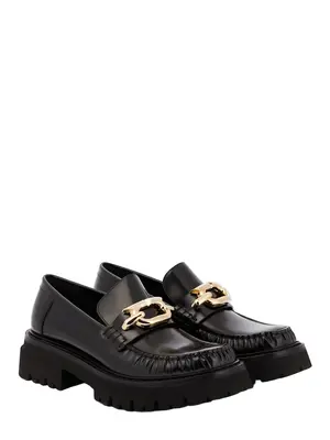 FERRAGAMO Embellished Leather Loafers - Black
