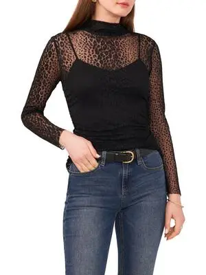 Vince Camuto Leopard Print Mesh Top - Rich Black