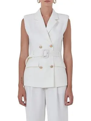 Endless Rose Shoulder Pad Belted Double Breasted Blazer - Ivory