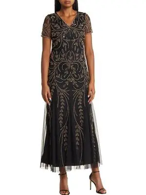 Pisarro Nights Beaded Mesh Gown - Black/gold 900