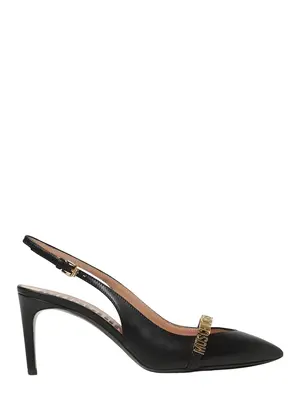 Moschino Leather Slingbacks With Metal Logo Lettering - Black