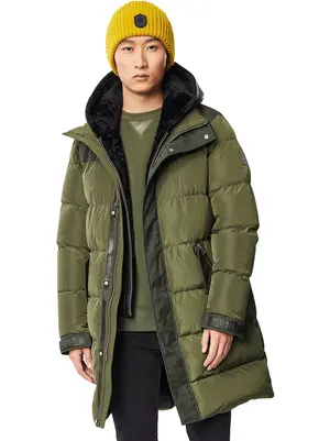 Mackage Down Coat With Removable Shearling Bib And Hood Army