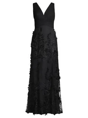 Aidan Mattox Flower Appliqué Mermaid Gown - Black