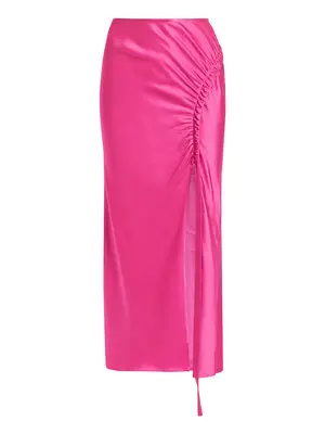 Lapointe Ruched Satin-crepe Midi Skirt - Bright Pink