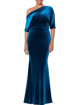 Betsy & Adam Drape One-Shoulder Velvet Gown Teal