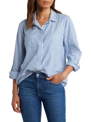 BEACHLUNCHLOUNGE Beachlunchlounge Stripe Cotton & Modal Button-Up Shirt Bandana Blue