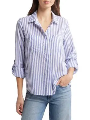 BEACHLUNCHLOUNGE Beachlunchlounge Stripe Cotton & Modal Button-Up Shirt Blue Canoe