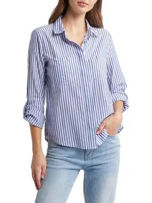 BEACHLUNCHLOUNGE Beachlunchlounge Stripe Cotton & Modal Button-Up Shirt Blue Wale