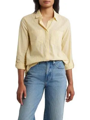 BEACHLUNCHLOUNGE Beachlunchlounge Stripe Cotton & Modal Button-Up Shirt Lemon Drop