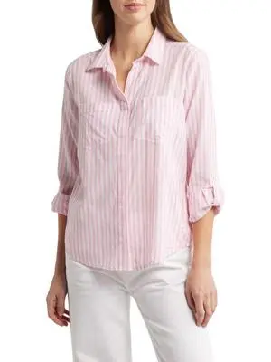BEACHLUNCHLOUNGE Beachlunchlounge Stripe Cotton & Modal Button-Up Shirt Light Blush