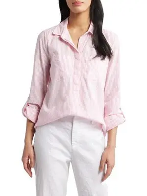 BEACHLUNCHLOUNGE Beachlunchlounge Stripe Cotton & Modal Button-Up Shirt Palermo Pink