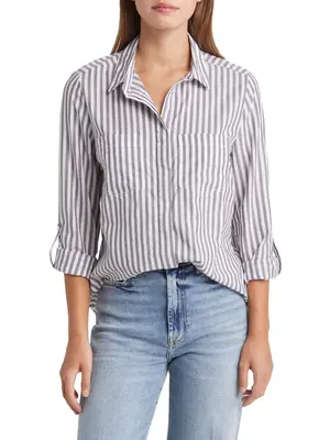 BEACHLUNCHLOUNGE Beachlunchlounge Stripe Cotton & Modal Button-Up Shirt Silver Lining