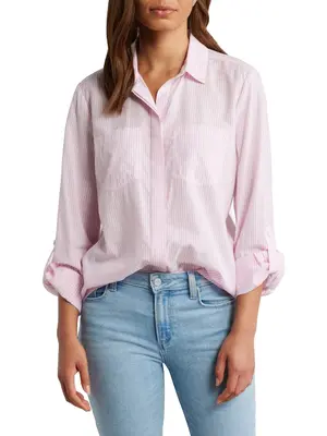 BEACHLUNCHLOUNGE Beachlunchlounge Stripe Cotton & Modal Button-Up Shirt Voile Pink