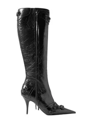 Balenciaga Le Cagole Studded Crinkled-Leather Knee Boots Black