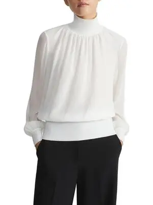 Lafayette 148 New York Mixed Media Silk Turtleneck Top - Cloud