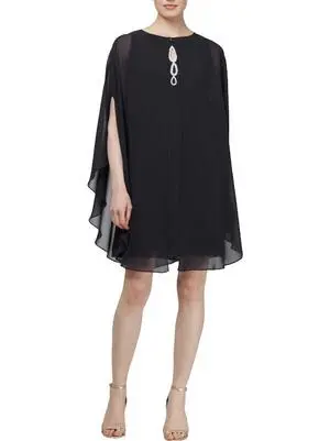 SL FASHIONS Embellished Chiffon Cocktail Dress With Capelet - Black