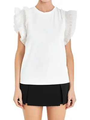 English Factory Mix Media Flutter Sleeve Knit Top - Off White