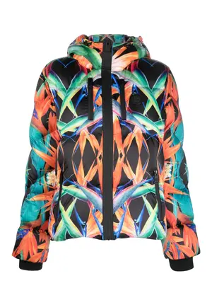 PLEIN SPORT Botanical-print Hooded Puffer Jacket - Black