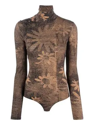 MAISON MARGIELA High Neck Floral Print Bodysuit - Brown