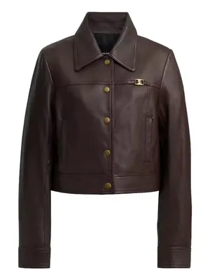 COACH Heritage C Snap-Front Leather Jacket Brown