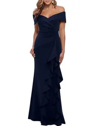 XSCAPE EVENINGS Ruffle Off The Shoulder Scuba Knit Gown - Midnight