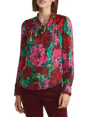 Vineyard Vines Ruffle Collar Silk-blend Popover Top - Brush Floral - Green