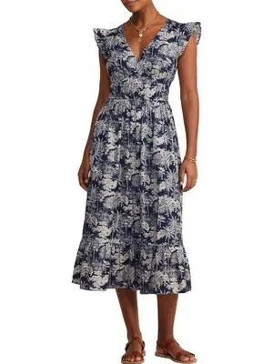 Vineyard Vines Ruffle Hem Cotton Stretch Poplin Dress - Toile- Nautical Navy