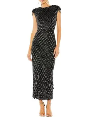 MAC DUGGAL Crystal Fringe Cap-sleeve Dress