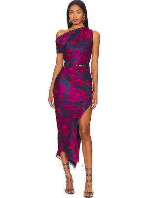 NICHOLAS Calantha Off Shoulder Midi Dress - Magenta Blurred Floral Print