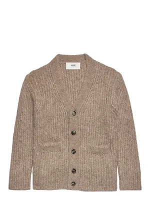 Ami V-neck Rib-knit Cardigan - Brown