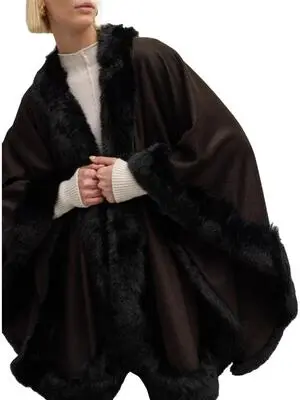 Sofia Cashmere Cape With Faux Fur Trim - Chocolate