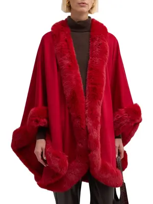 Sofia Cashmere Cape With Faux Fur Trim Deep Red