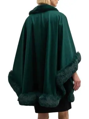 Sofia Cashmere Cape With Faux Fur Trim - Emerald